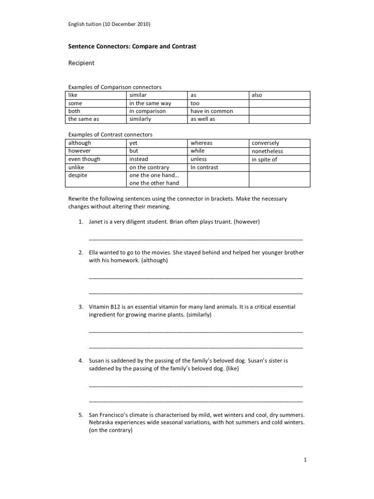 Sentence Connectors Exercises | PDF