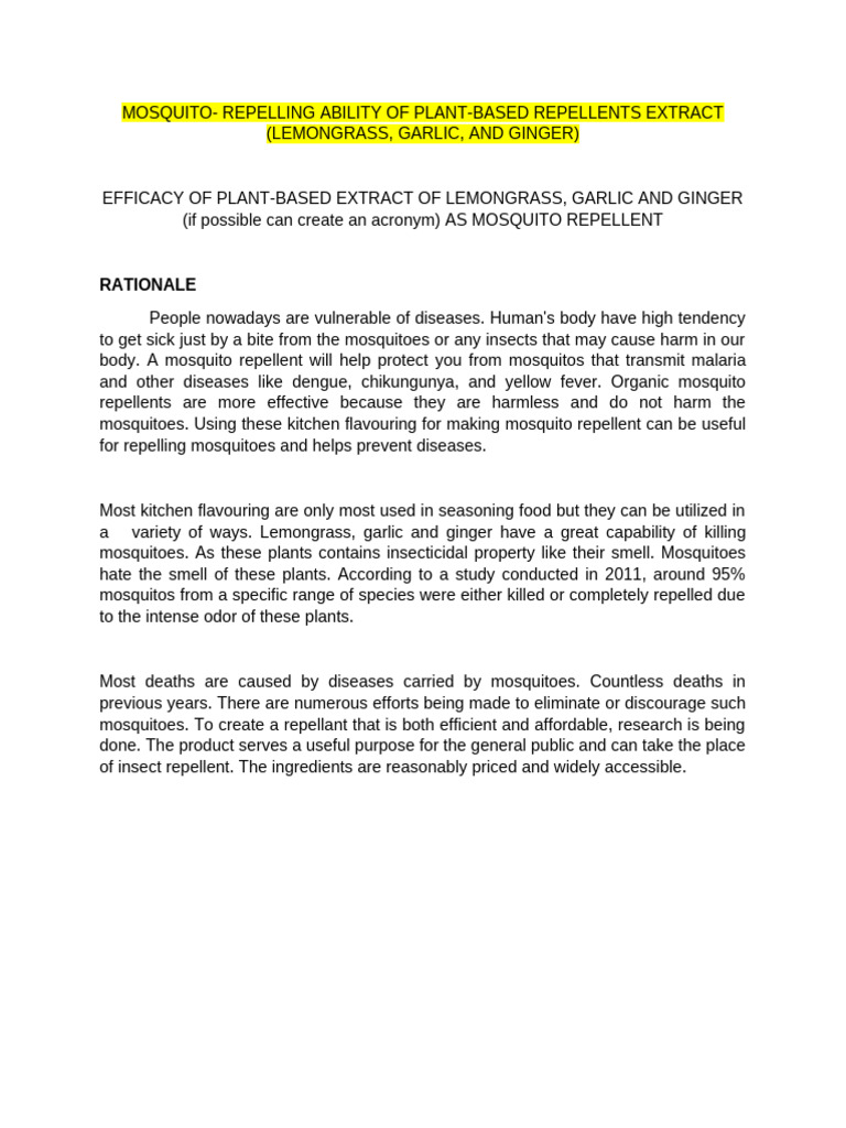 Plant-Based Mosquito Repellents Efficacy | PDF | Mosquito | Ginger