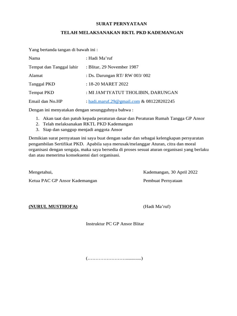 Contoh RKTL PKD Dan Surat Pernyataan. | PDF