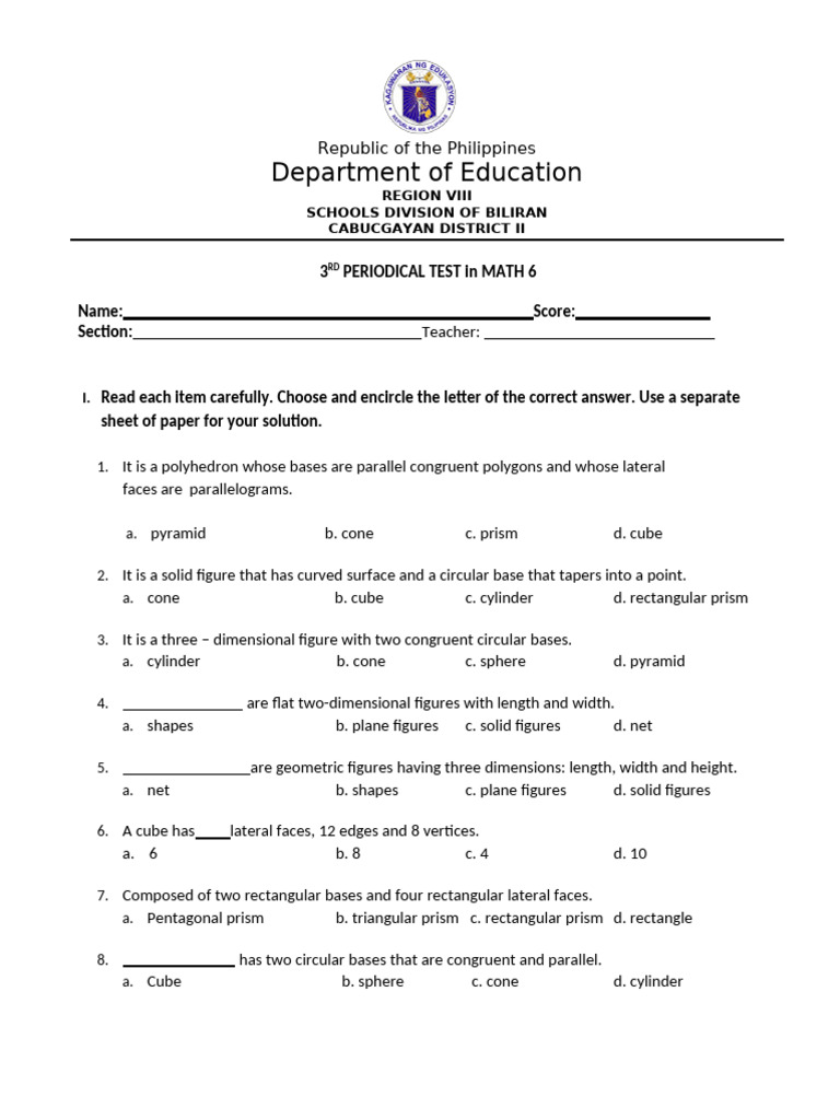 Math 6 Periodical Test - Region VIII | PDF | Shape | Rectangle