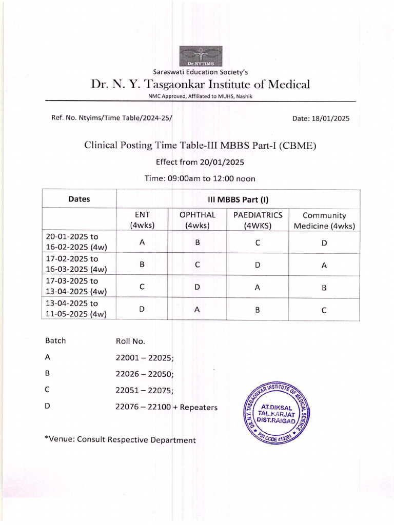 III Mbbs Part-I Time Table 2022-23 | PDF