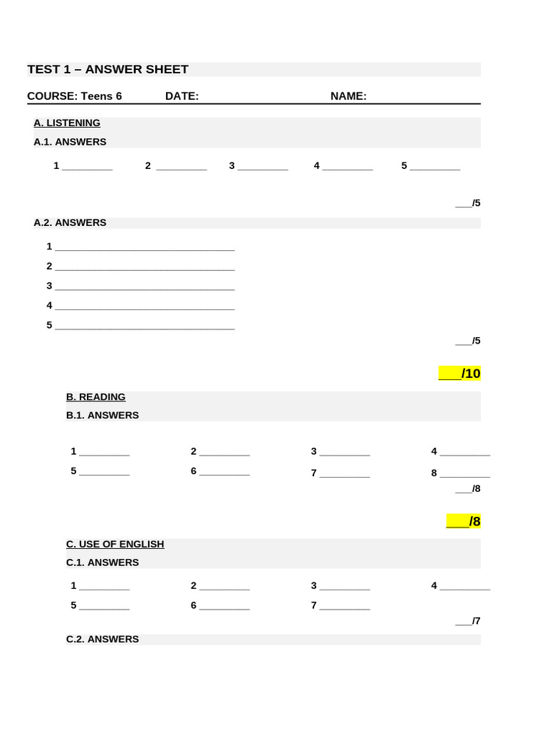 Answer Sheet Test 1 | PDF