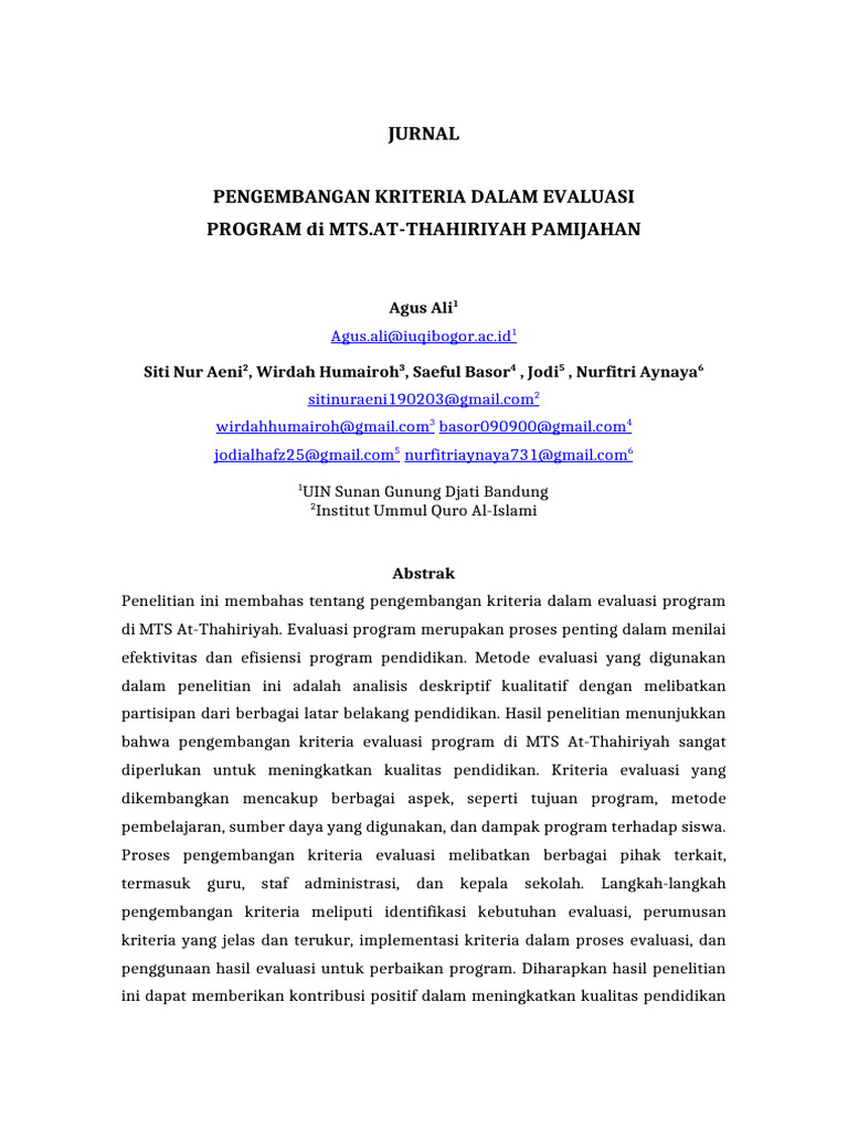 LAPORAN OBSERVASI JURNAL PENGEMBANGAN KRITERIA DALAM EVALUASI tugas uts kelompok 2 | PDF