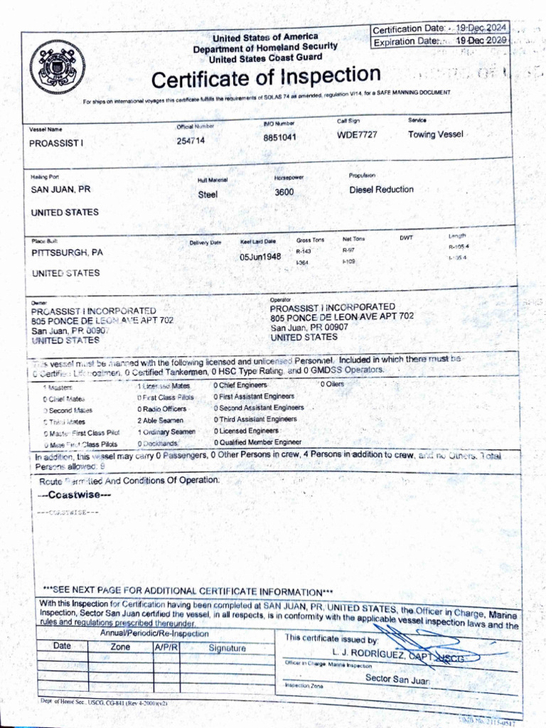 USCG Certificate of Inspection for PROASSIST I | PDF