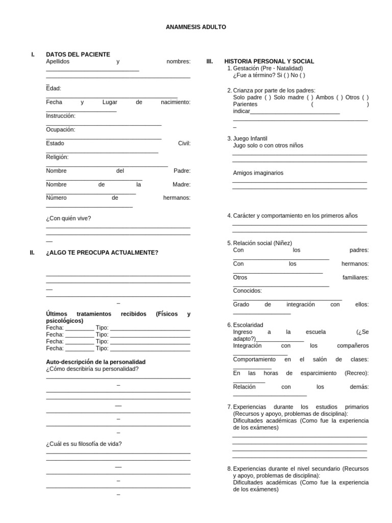Anamnesis Completa para Adultos | PDF | Reproducción humana | Ciencias del comportamiento