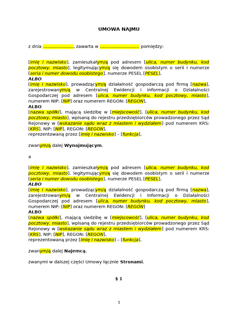 Umowa Najmu Samochodu Wzór | PDF