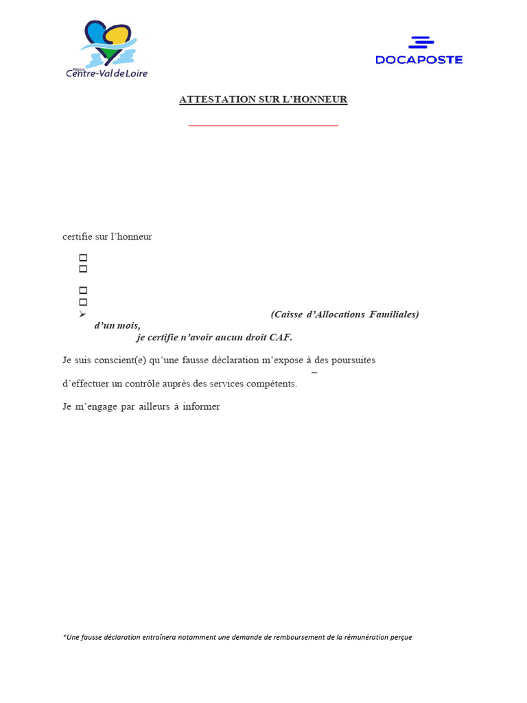 Attestation sur l'honneur pour le RSA | PDF