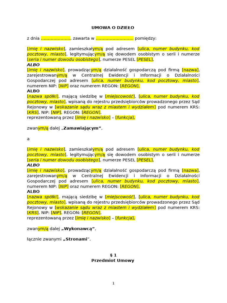 Umowa o Dzieło Wzór | PDF