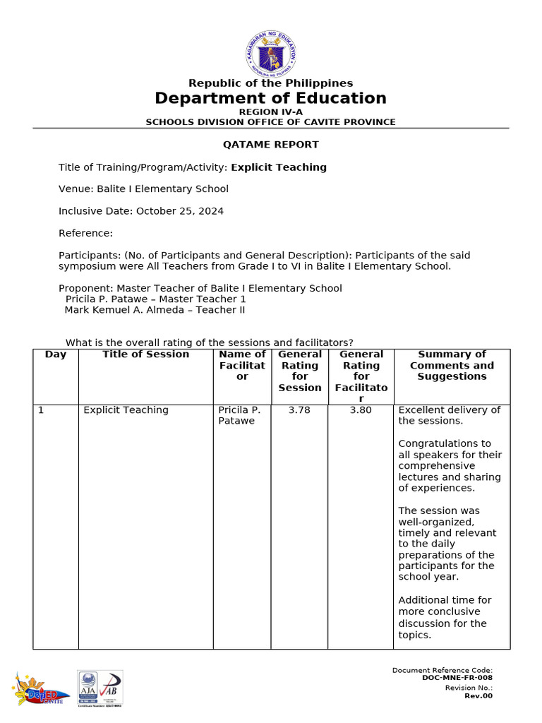 Qatame Completion Report On Phil Iri | PDF | Learning | Teachers