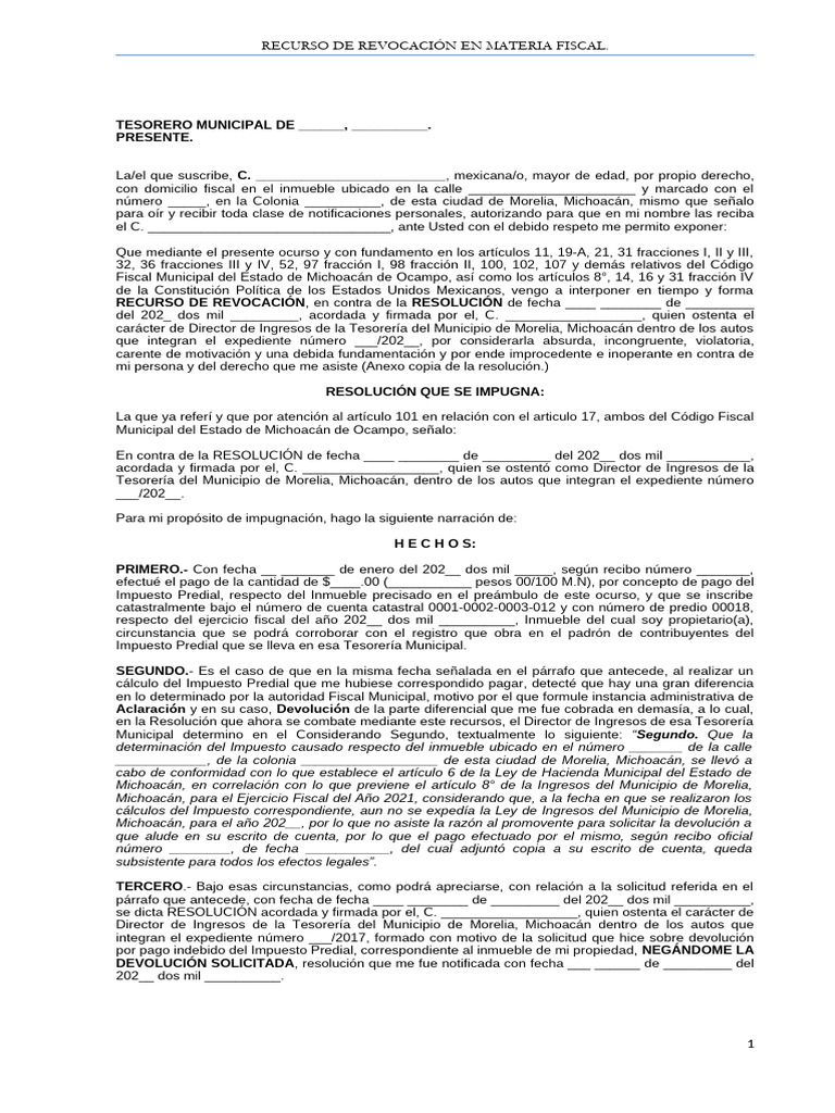 PROYECTO DE RECURSO DE REVOCACION FISCAL II. - Devolución Predial. - 5o ...