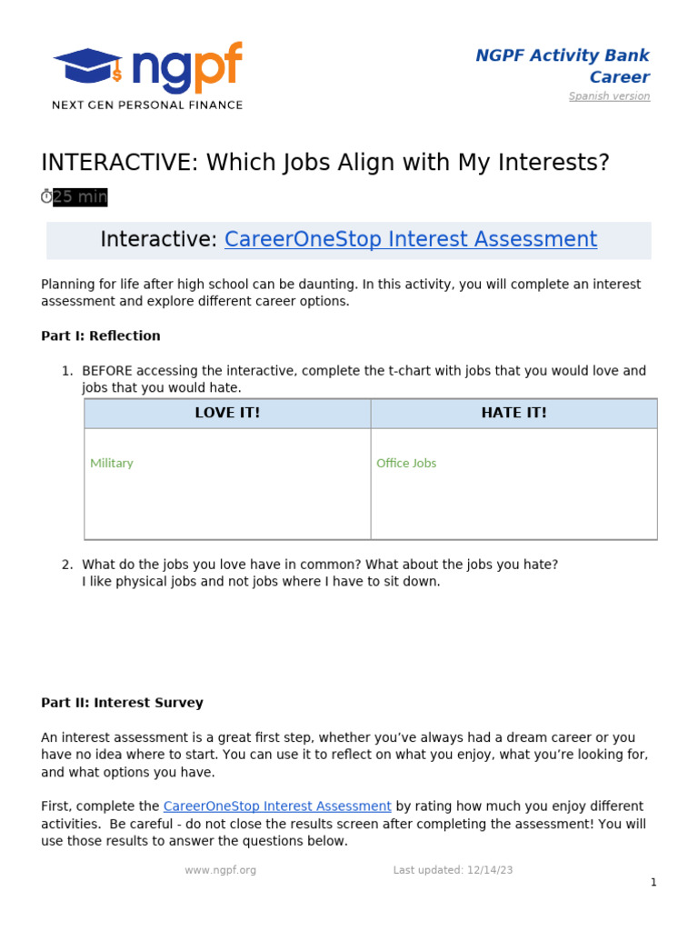 Career Exploration and Interest Assessment | PDF
