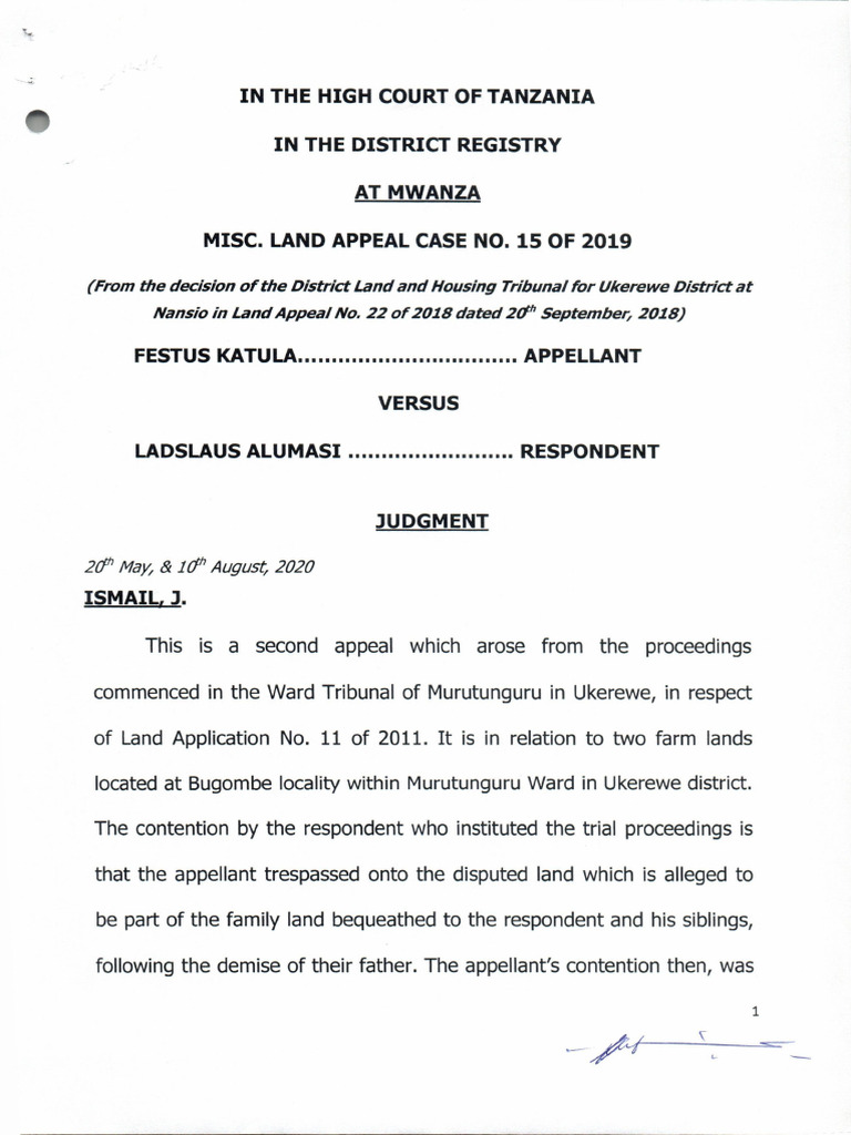 Festus Katula Vs Ladislaus Alumasi (Misc Land Appeal 15 of 2019) 2020 ...