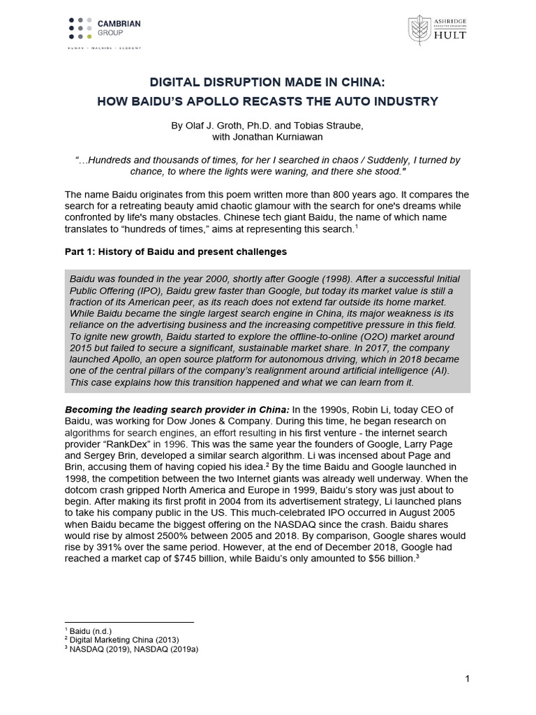 BAIDU Apollo Case Study (Groth, Straube) | PDF | Baidu | Waymo