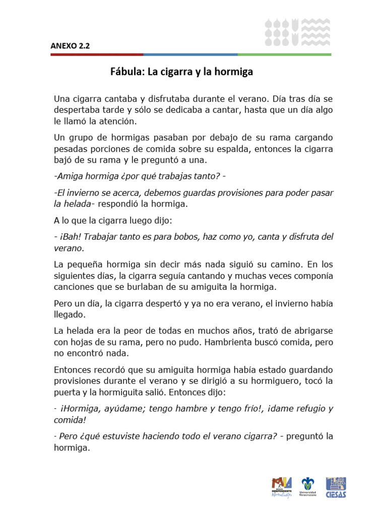 Fábula de la cigarra y la hormiga | PDF