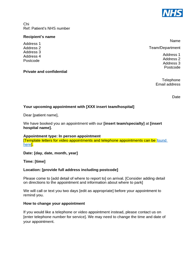 B2012iii Patient Letter Template Appointment Confirmation | PDF ...