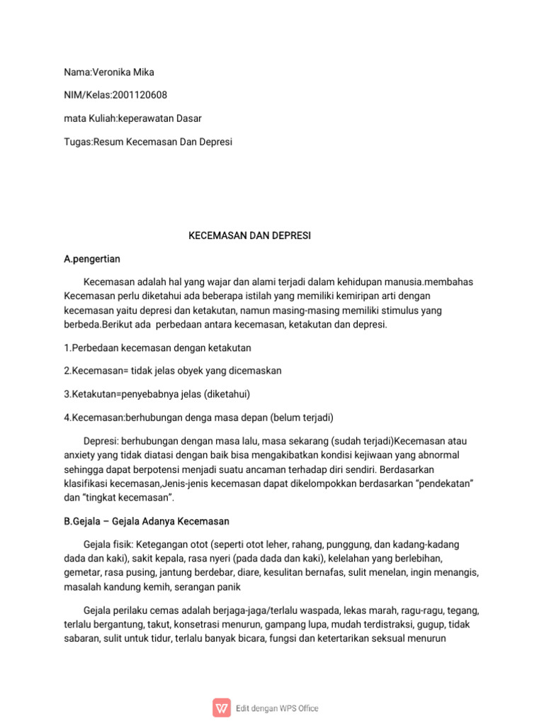 Veronika Mika Tugas Resum Kecemasan Dan Depresi | PDF