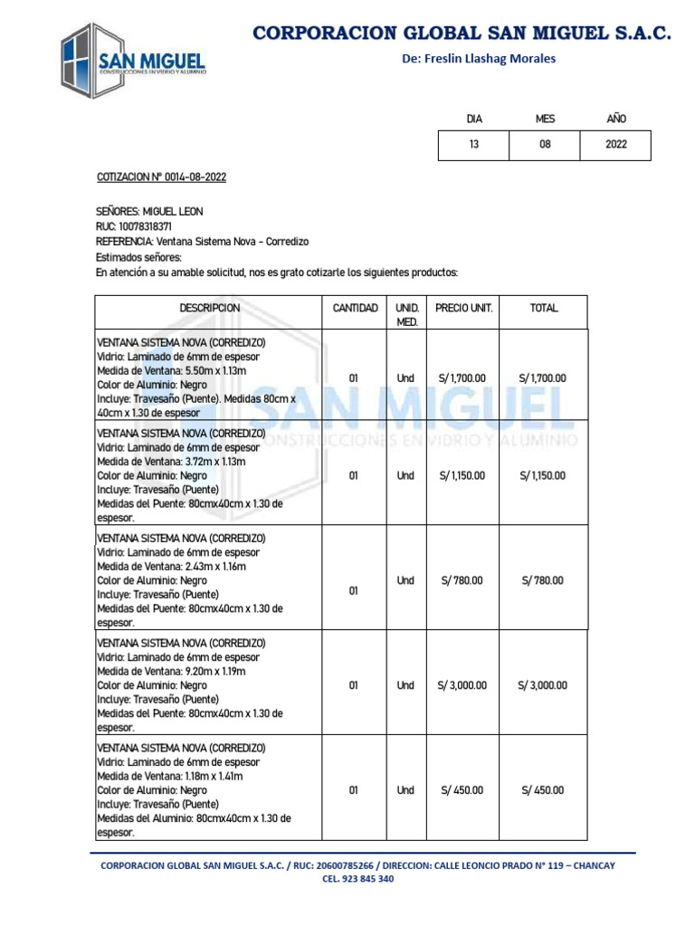 Cotizacion 014-08 - Ventana Sistema Nova - Miguel Leon | PDF | Sustancias químicas | Materiales