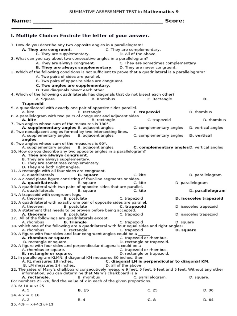 SUMMATIVE_math9 | PDF | Rectangle | Angle