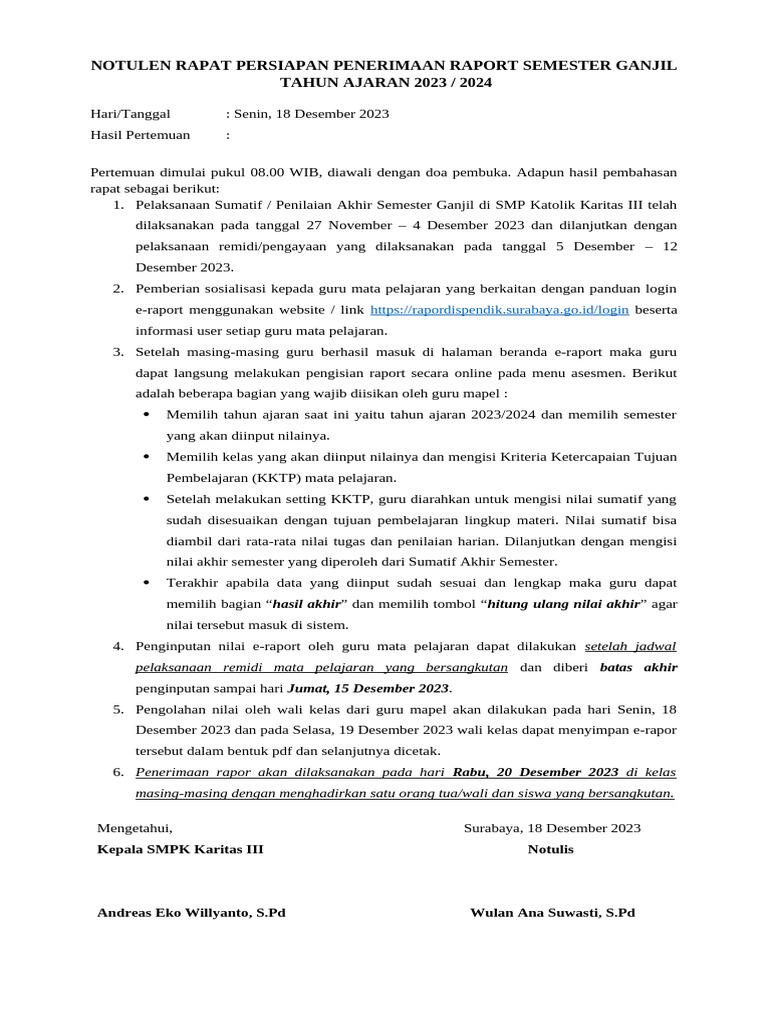 Notulen Penerimaan Rapor | PDF