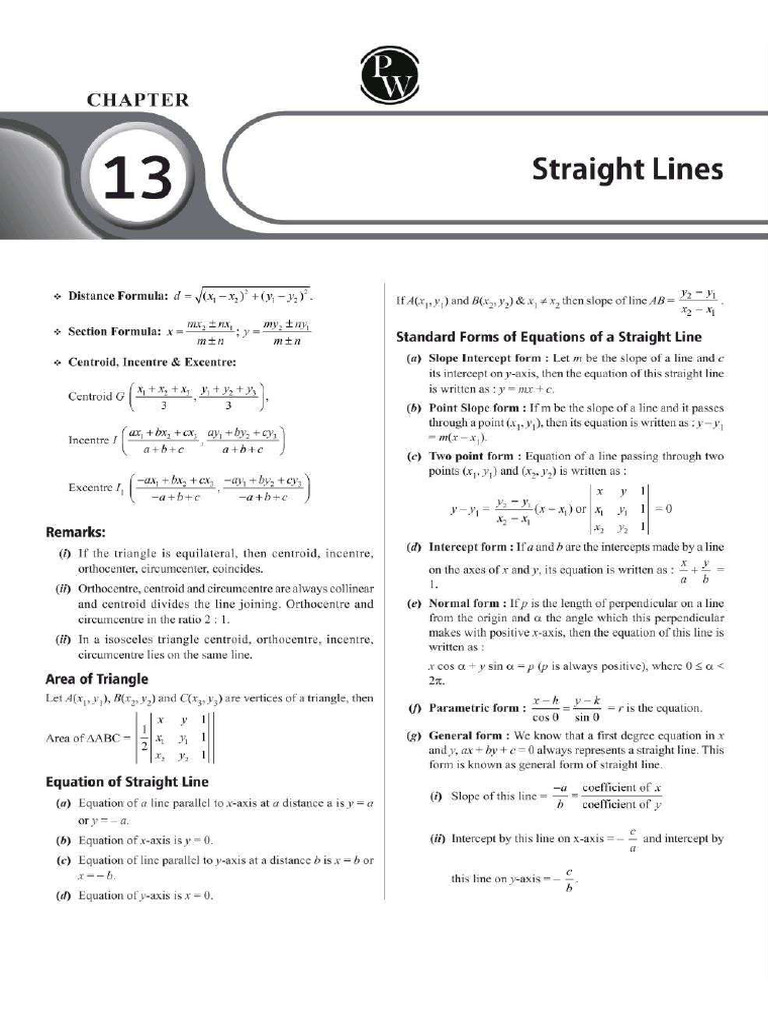 JEE Maths Straight Lines Short Notes | PDF