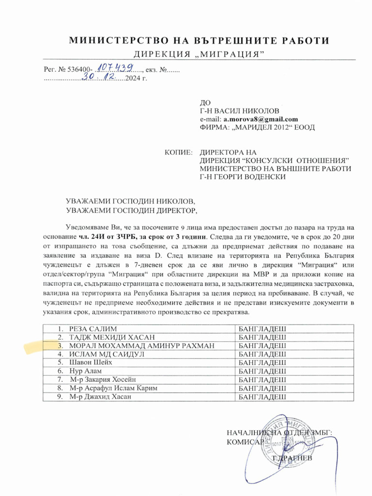 Bulgarian Work Permit 9 Persons List | PDF
