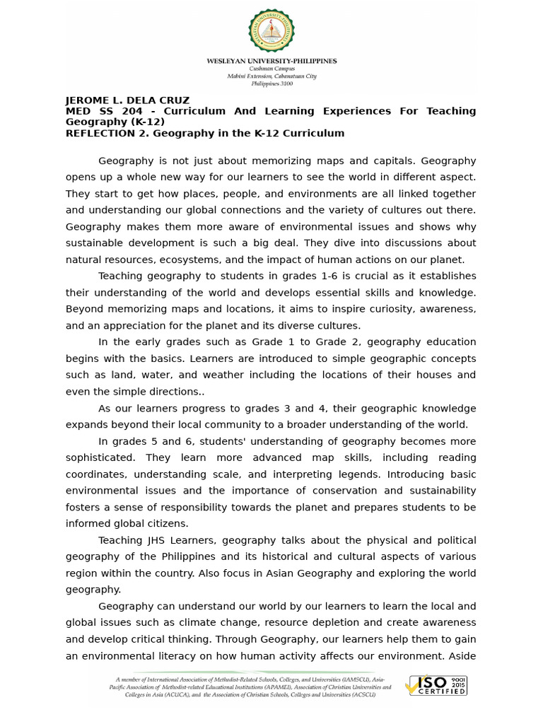 Reflection 2. Geography in K-12 Curriculum | PDF | Geography | Learning