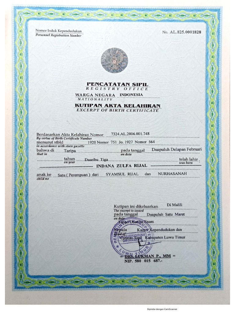 akta klahiran ulfa | PDF