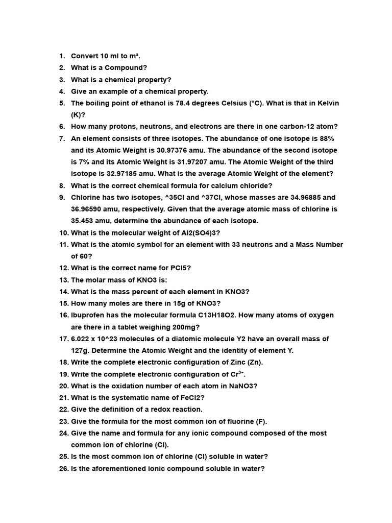 Chemistry Sample Test | PDF