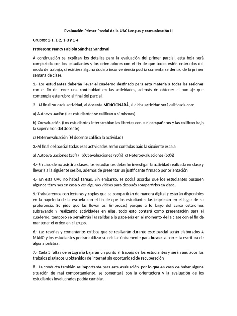 Evaluación Primer Parcial de la UAC Lengua y comunicación II | PDF