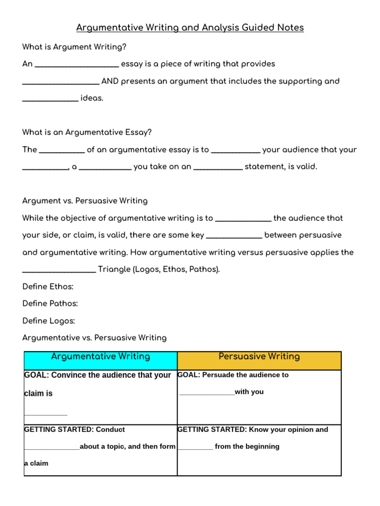 Argumentative Writing and Analysis Guided Notes | PDF | Persuasion ...