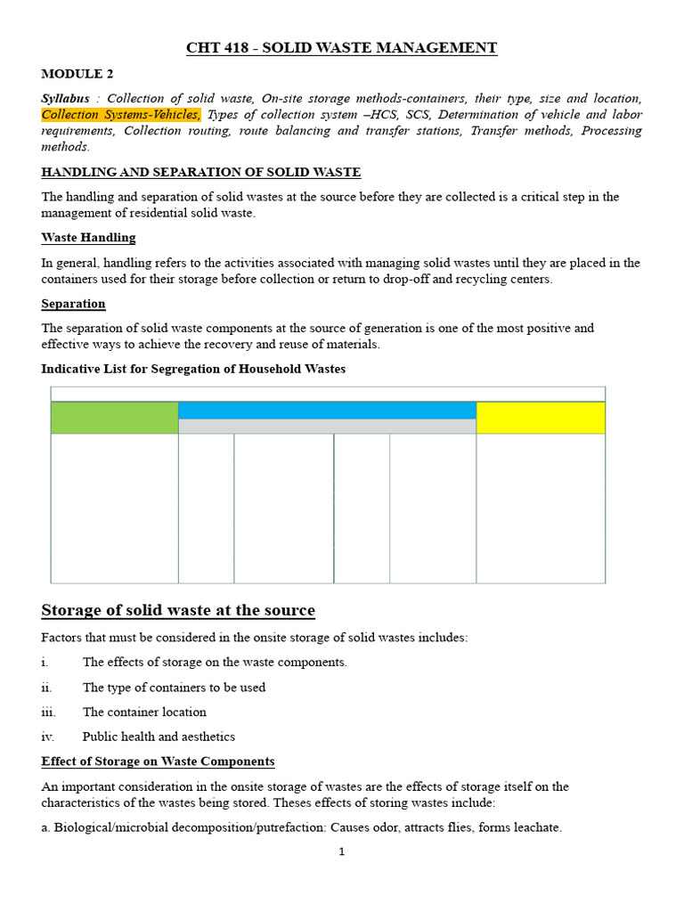 Solid Waste Management MODULE 2 Note | PDF | Waste Management | Waste