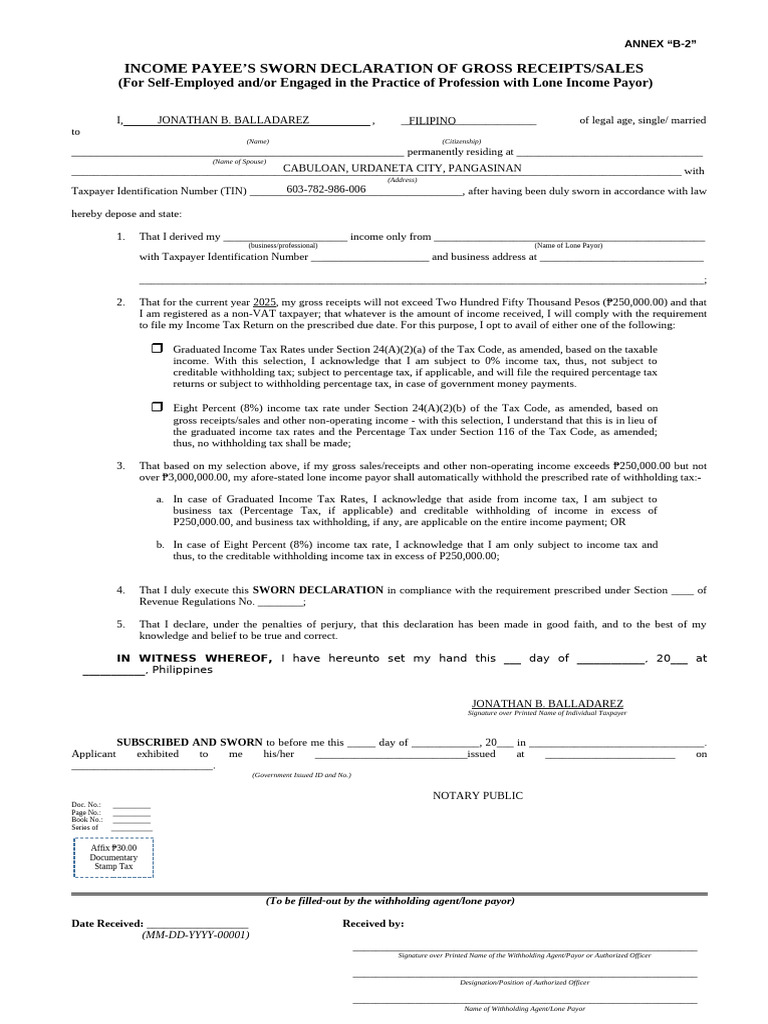 Sworn Declaration of Gross Receipts | PDF | Taxes | Income Tax