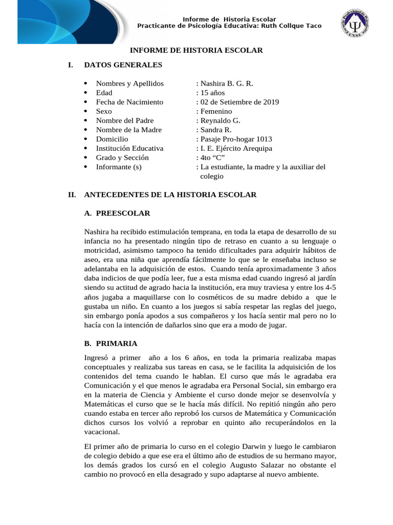 Informe de Historia Escolar-1 | PDF | Maestros | Educación Secundaria