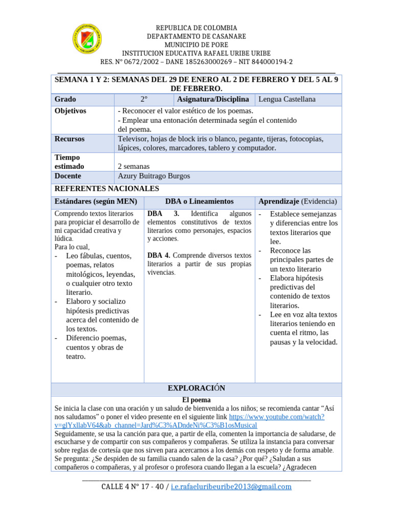 Plan Aula Español 2°D Semana 1-3 | PDF