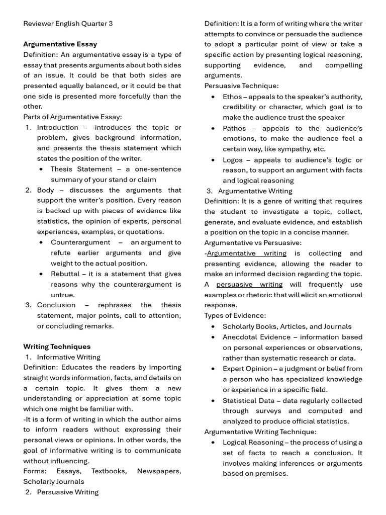 Reviewer English Quarter 3 | PDF | Essays | Rhetoric