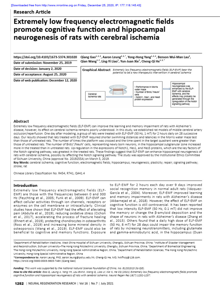 Extremely Low Frequency Electromagnetic Fields Pro | PDF | Hippocampus | Neurogenesis