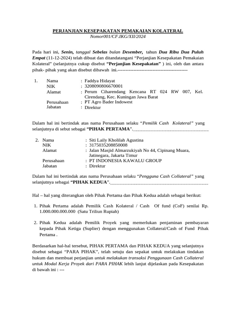 Perjanjian Pemakaian Kolateral Hidayat | PDF