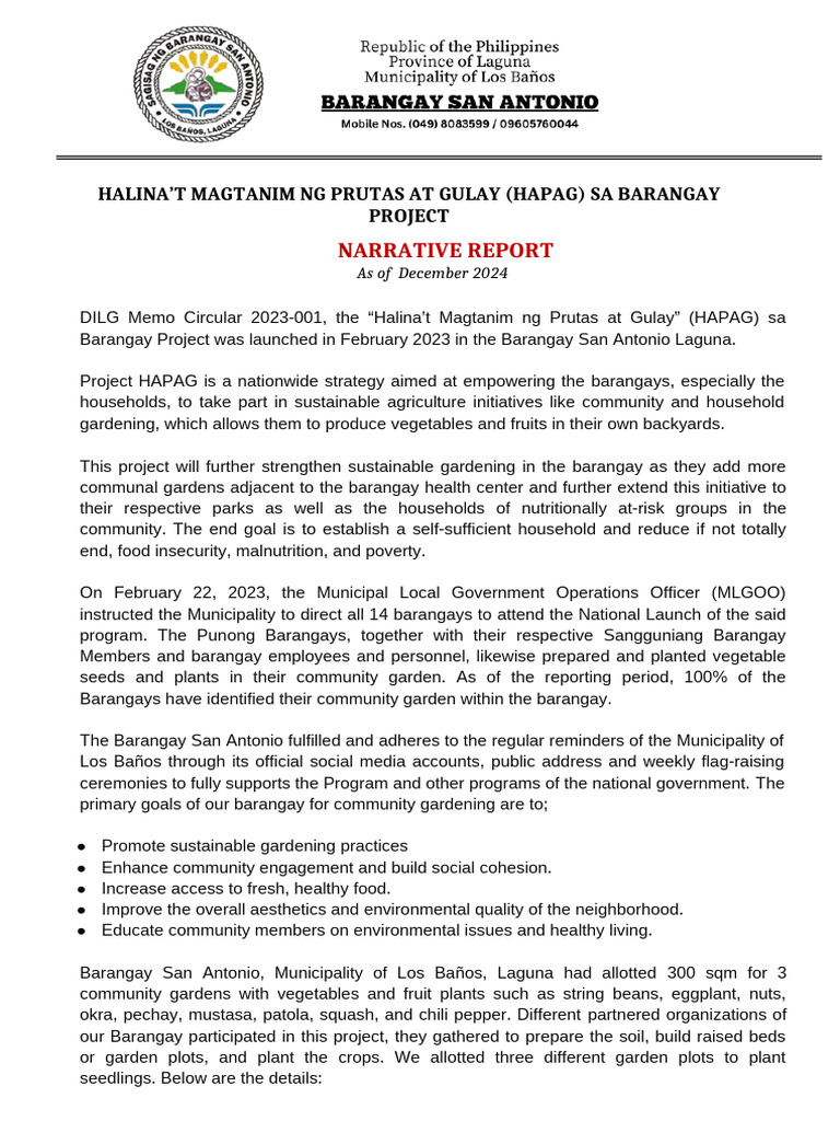 HAPAG sa Barangay Project Report | PDF | Agriculture