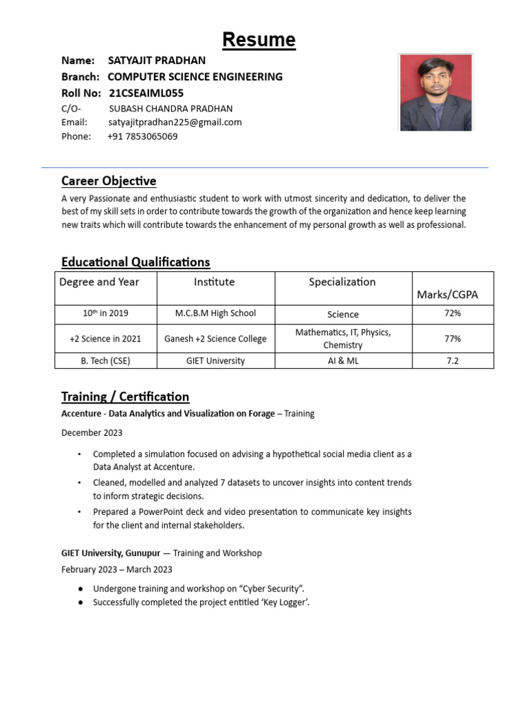 Satyajit Pradhan's Computer Science Resume | PDF | Java Script | Databases