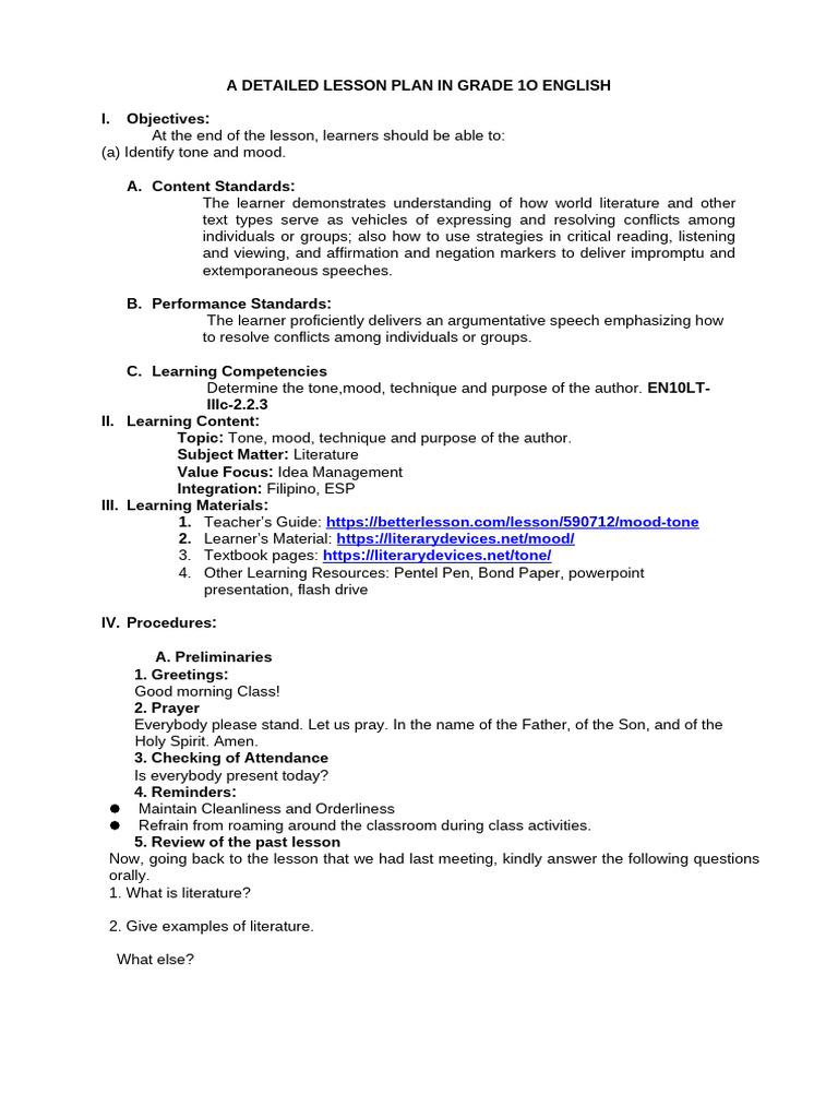 A DETAILED LESSON PLAN IN GRADE 1O ENGLISH | PDF | Lesson Plan | Learning