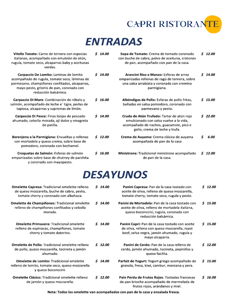 Menú Capri Ristorante | PDF