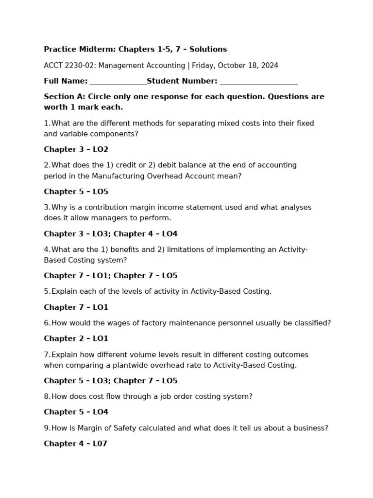 ACCT 2230 Practice Midterm - Solutions | PDF | Business Economics | Management Accounting