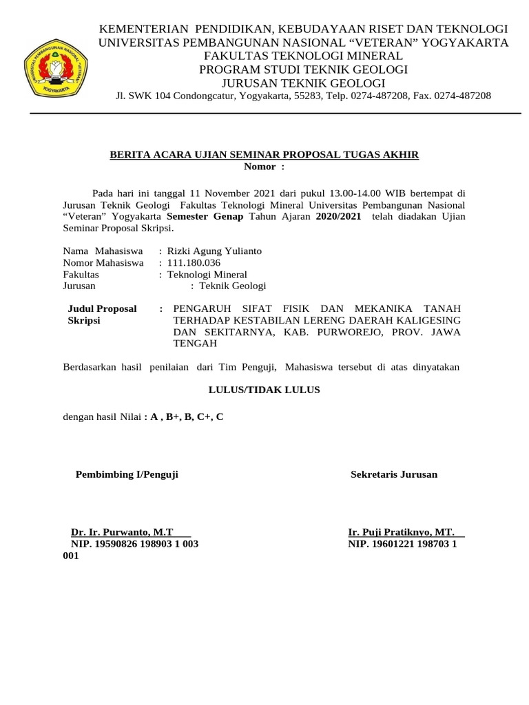 Penilaian Proposal Tugas Akhir TG - Rizki Agung Y - 111180036 | PDF