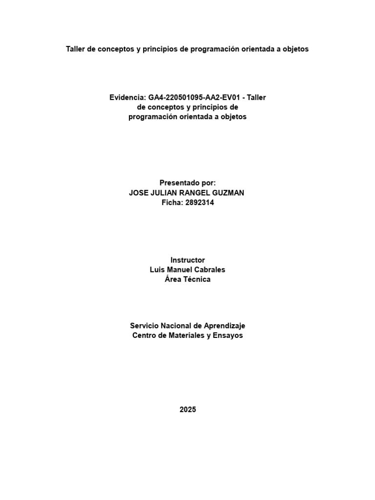 Taller De Conceptos Y Principios De Programación Orientada A Objetos Pdf Objeto Informática