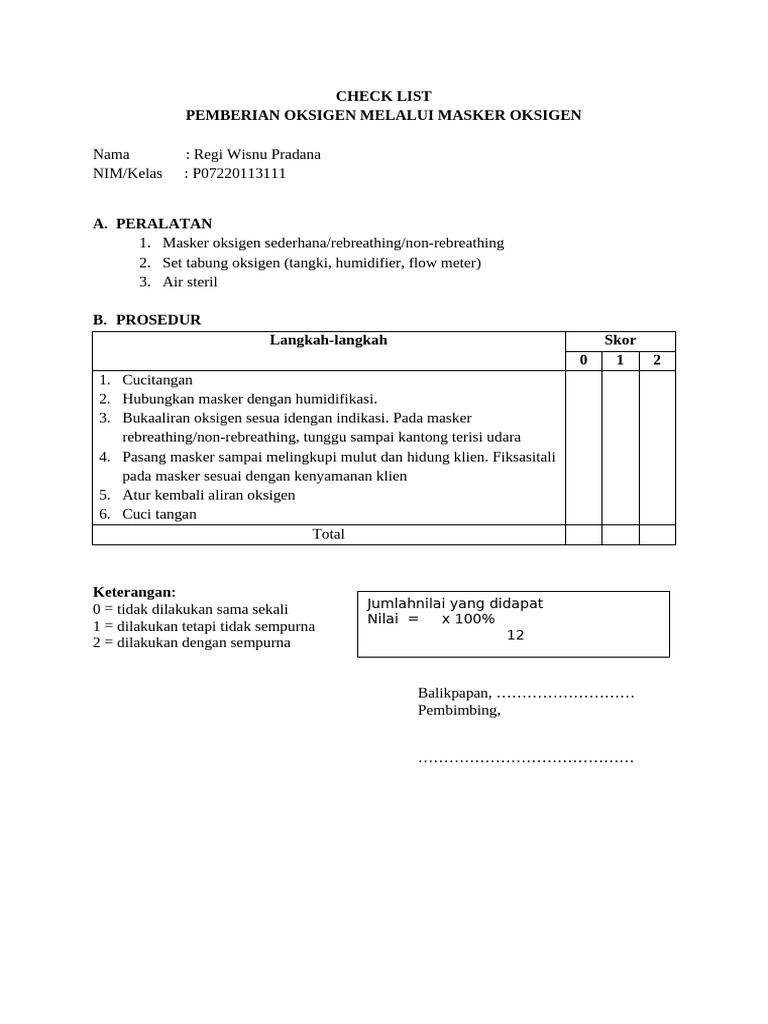 Pemberian Oksigen Masker Oksigen | PDF