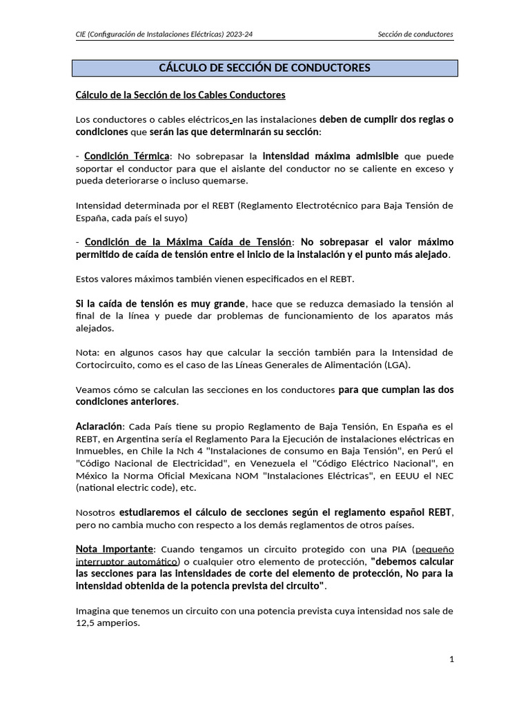 Cálculo de Sección de Conductores Eléctricos | PDF | Corriente ...
