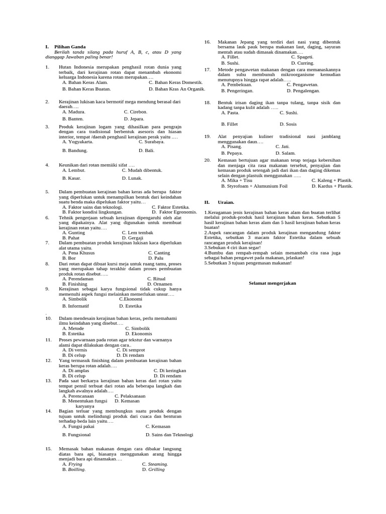 Soal PAS Prakarya Kelas 9 K13 - Websiteedukasi.com | PDF