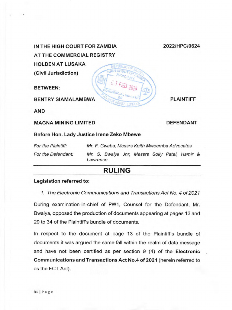 Bentry Siamalambwa V Magna Mining Limited (2022HPC0624) 2024 ZMHC 136 ...