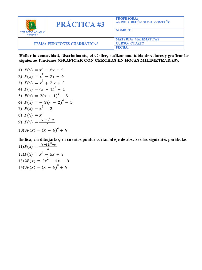 Ejercicios de Funciones Cuadráticas | PDF