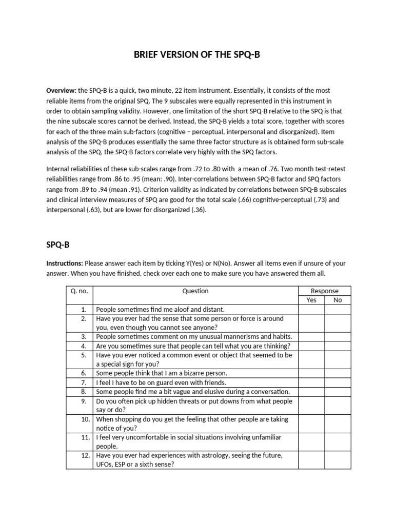 SPQ-B: Quick Assessment Tool | PDF | Cognition | Psychological Concepts